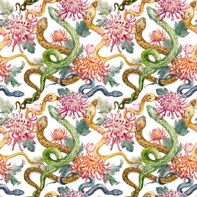 Watercolor Snake and Flowers Pattern Stock Vector - Illustration of ...