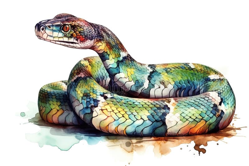 Watercolor Snake with Flowers and Leaves, Sticker Stock Vector ...