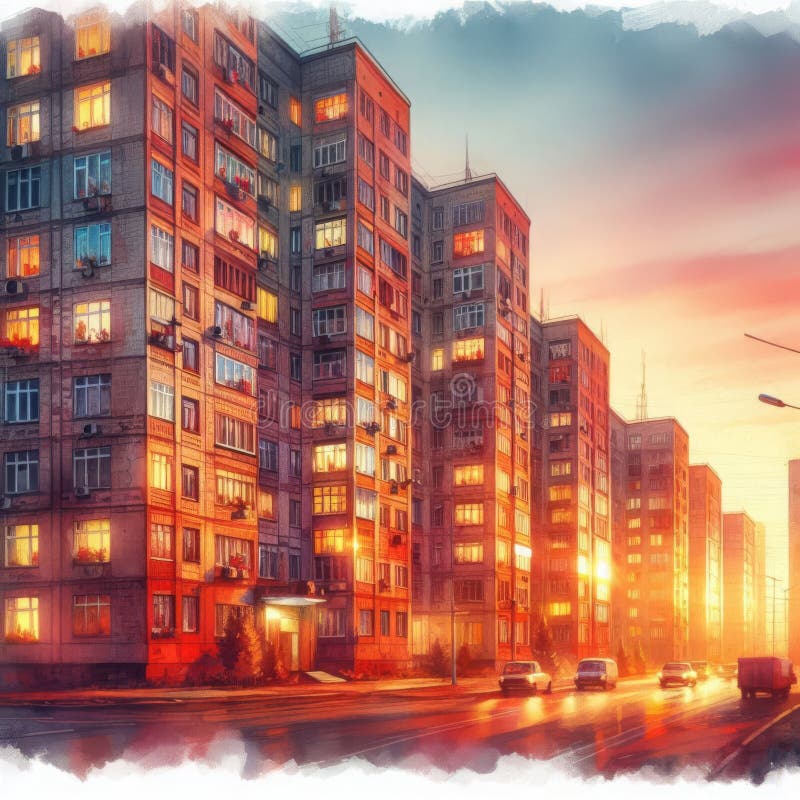 Watercolor of Soviet Apartment Blocks Stock Illustration - Illustration ...