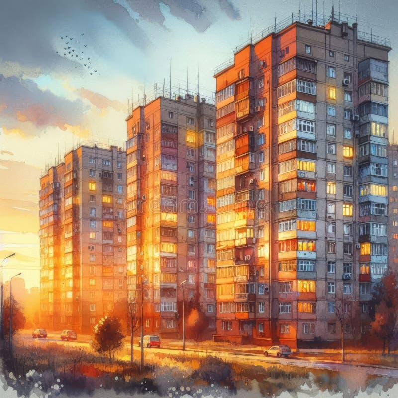 Watercolor of Soviet Architecture at Dusk Stock Illustration ...