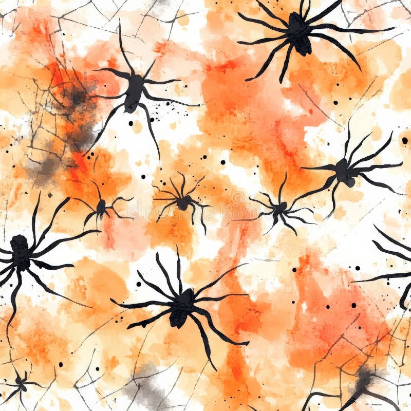 A Watercolor Spider and Web Pattern with Soft Splashes of Deep Orange ...