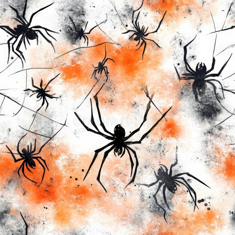 A Watercolor Spider and Web Pattern with Soft Splashes of Deep Orange ...