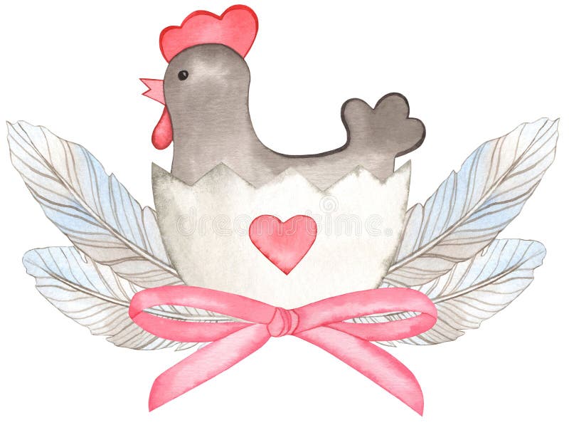 Watercolor Spring Easter Composition. Hand Drawn Grey Chicken, Egg ...