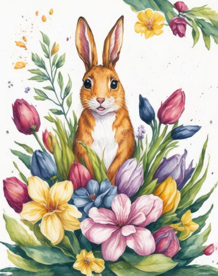 Watercolor Spring Easter Composition with Rabbit and Flowers. Happy ...