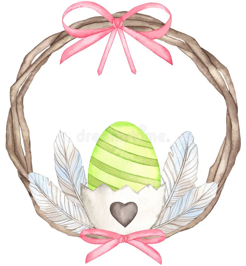 Watercolor Spring Easter Wreath. Hand Drawn Tree Branch with Feathers ...