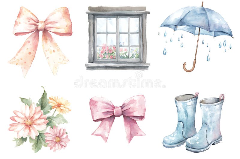 Watercolor Spring Elements Bows, Flowers, Window, Rain, Boots Stock ...