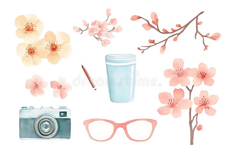 Watercolor Spring Elements Flowers, Camera, Glasses, Pencil, Cup Stock ...