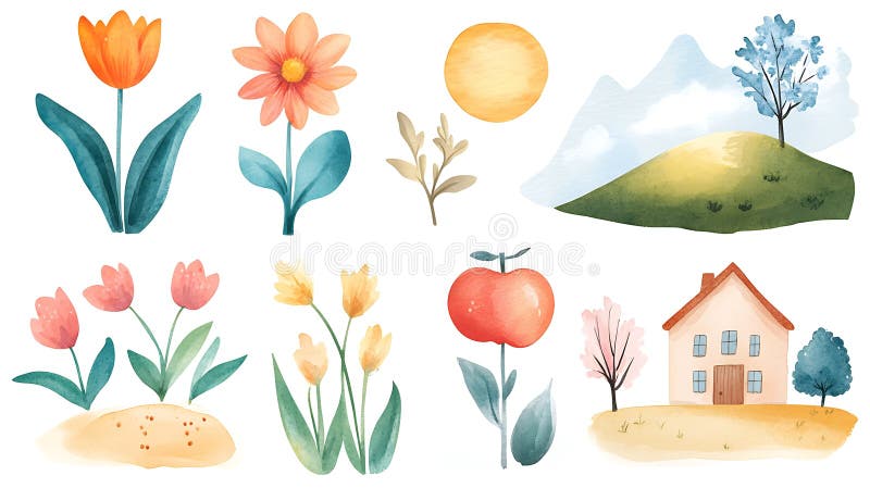 Watercolor Spring Elements Flowers, Sun, House, Apple, Hills Stock ...