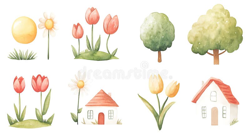 Watercolor Spring Elements Sun, Flowers, Trees, House Stock ...