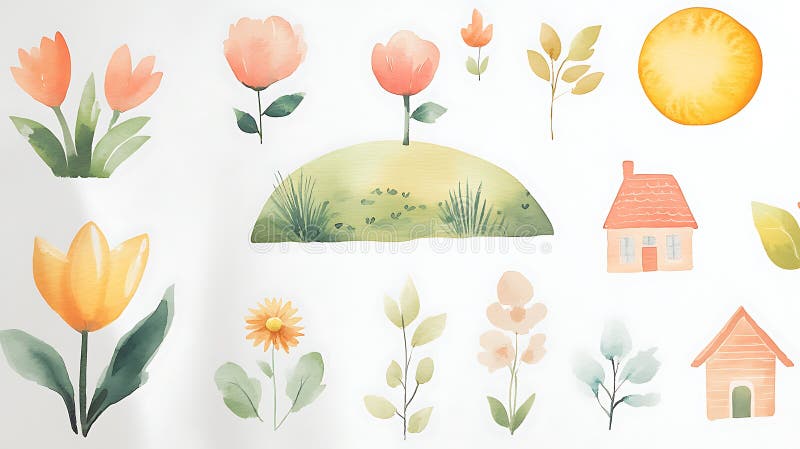 Watercolor Spring Garden Elements Flowers, House, Sun Stock ...