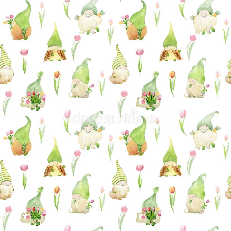 Watercolor spring gnomes stock image. Image of print - 303568221