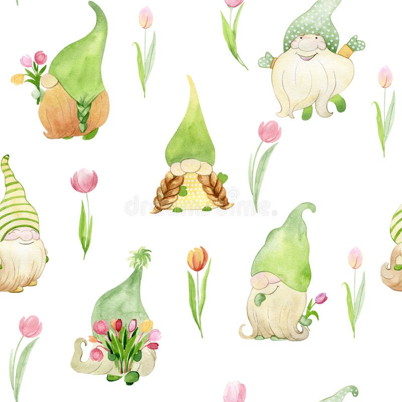 Watercolor spring gnomes stock photo. Image of pattern - 244080902