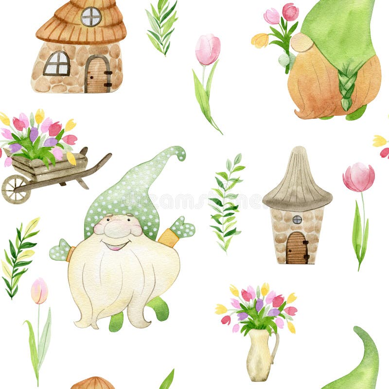 Watercolor spring gnomes stock photo. Image of green - 244667110