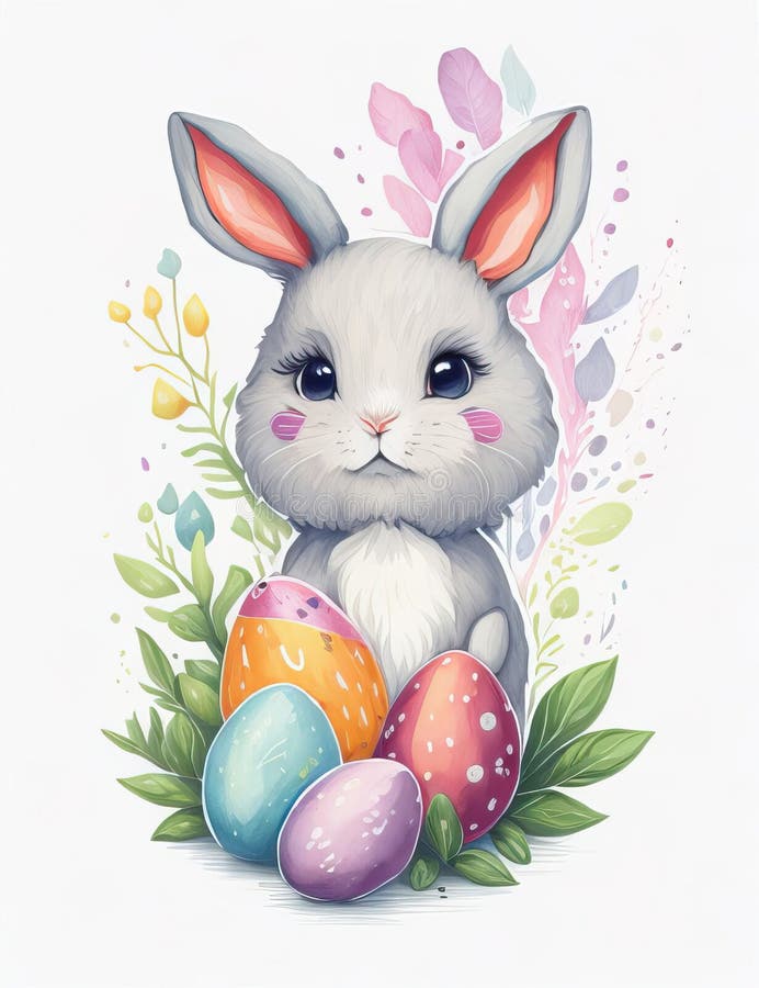 Watercolor Spring Illustrated of Cute Easter Rabbit with Colorful Eggs ...