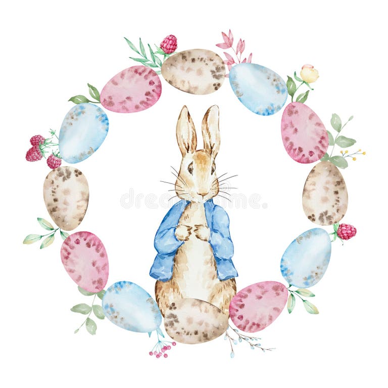 Watercolor Spring Peter Rabbit with Easter Eggs Frame Stock ...