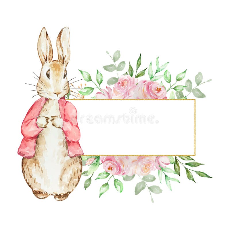 Watercolor Spring Peter Rabbit with Flower Frame Stock Illustration ...
