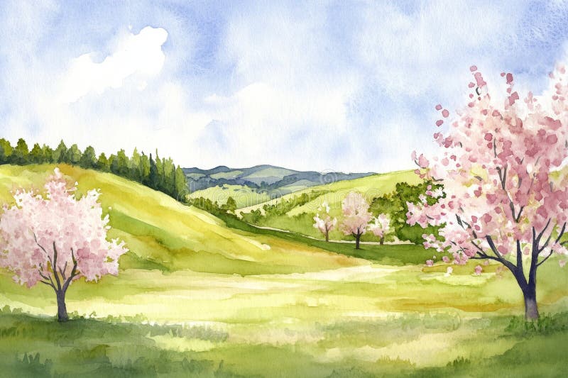 Watercolor Springtime Hills and Blooming Trees Stock Illustration ...