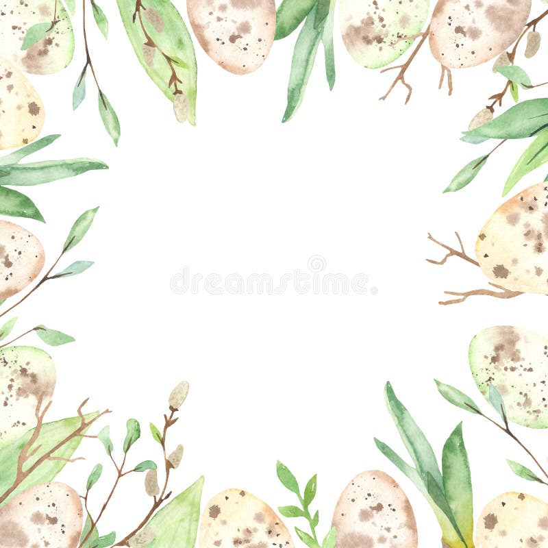 Watercolor Square Frame with Easter Quail Eggs, Branches, Leaves ...