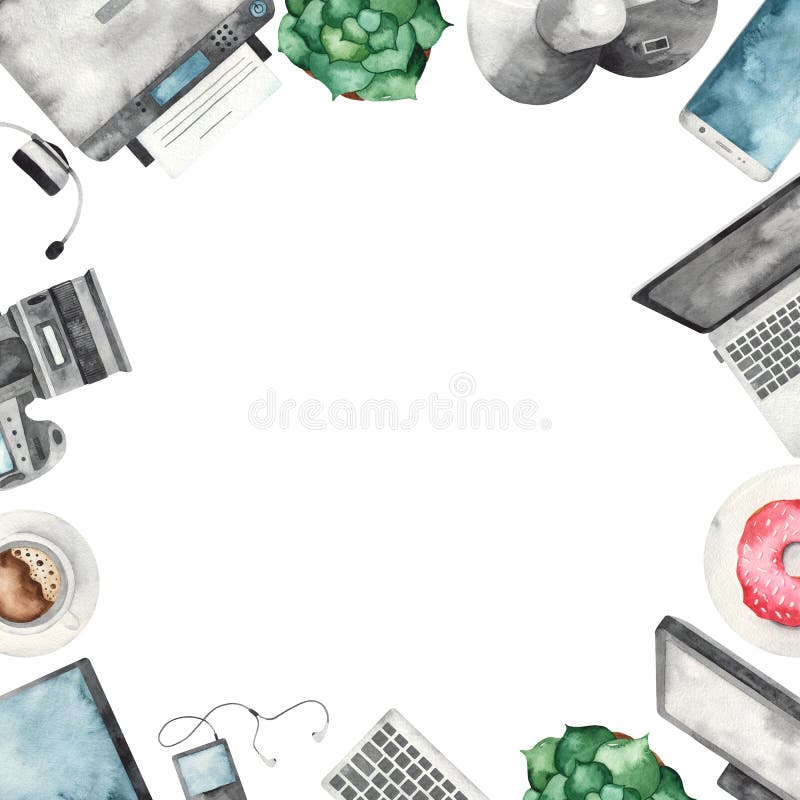 Watercolor Square Frame with Office Equipment, Computer, Camera Stock ...