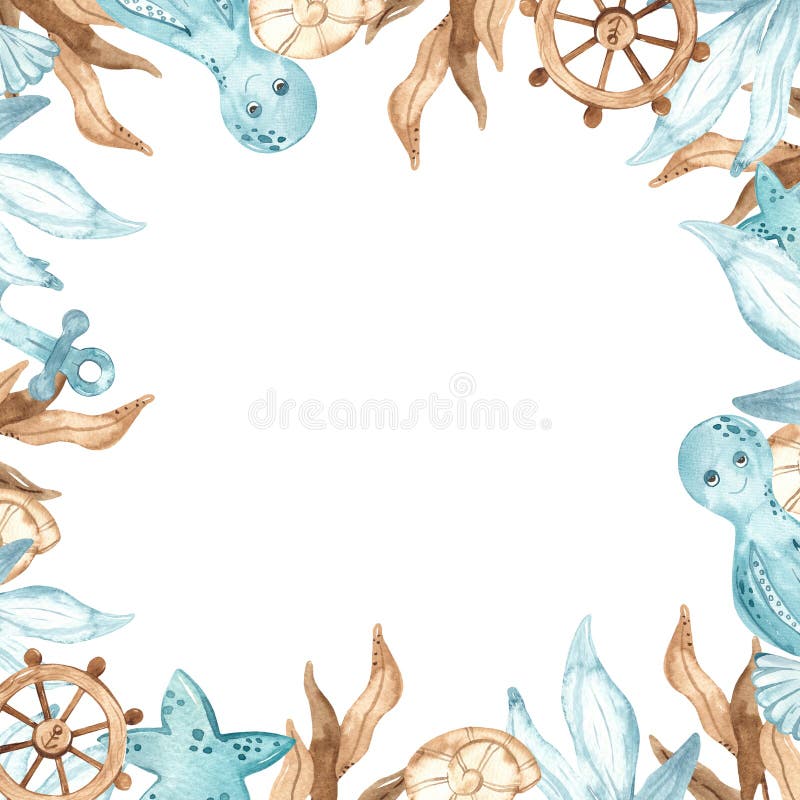 Watercolor Square Frame with Sea Creatures, Seaweed, Shells for Marine ...