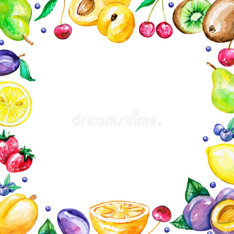 Watercolor Square Fruit Frame Stock Illustration - Illustration of leaf ...