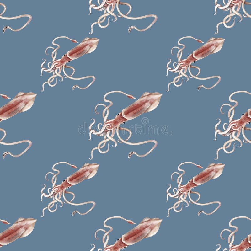 Watercolor Squid Seamless Pattern, Hand Painted Illustration Background ...