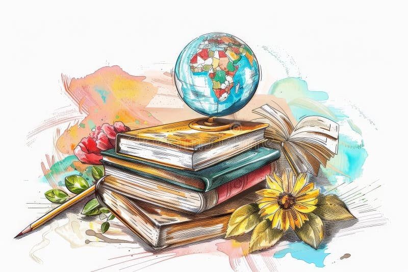 Watercolor Stack of Books with Earth Globe Illustration with World Book ...