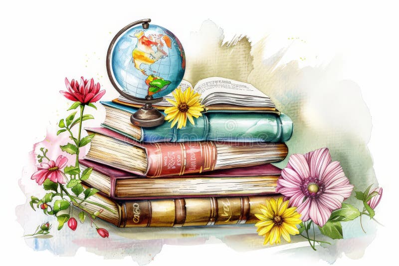 Watercolor Stack of Books with Earth Globe Illustration with World Book ...