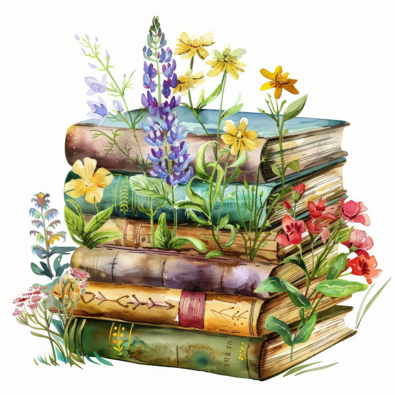 Watercolor Stack of Books with Nature Wildflowers Leaves Illustrations ...