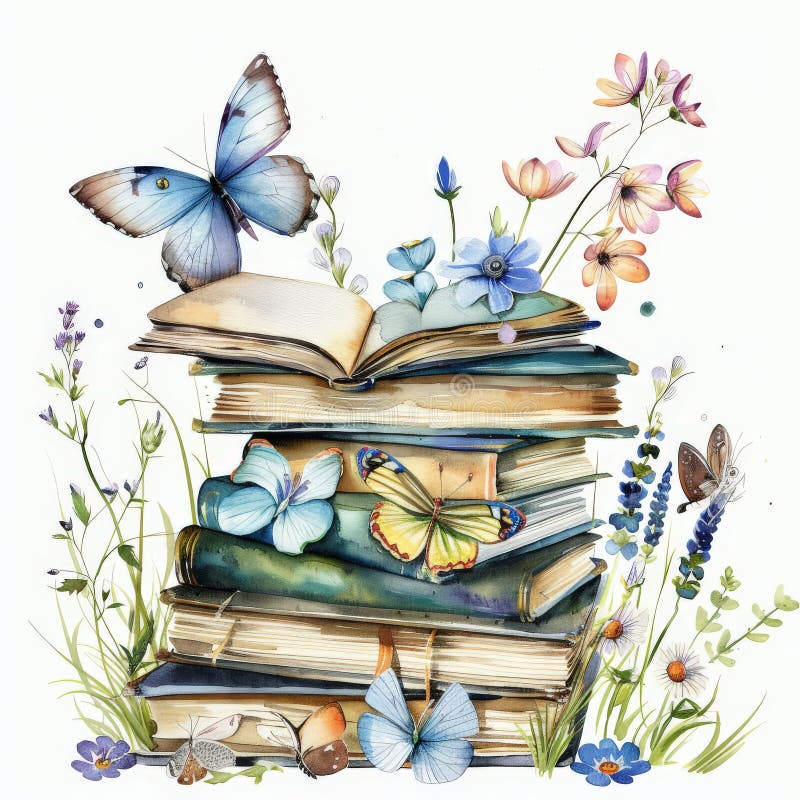 Watercolor Stack of Books with Wildflowers and Butterfly Illustrations ...