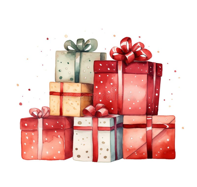Watercolor Stack of Christmas Presents with Bows Isolated on White ...