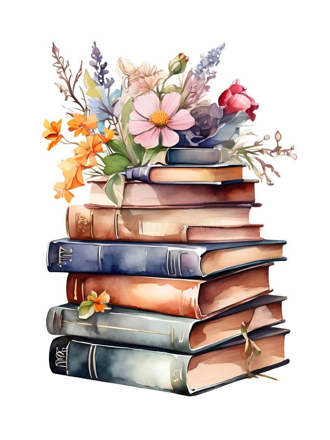 Watercolor Stack of Old Books with Wild Flowers. Vintage Old Book ...