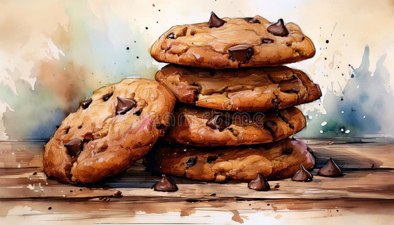 Watercolor of a Stack of Warm, Chocolate Chip Cookies with a Few ...
