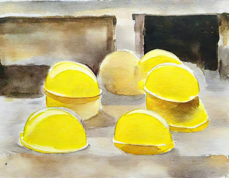 Watercolor of Stack of Yellow Hard Hats on a Construction Site Stock ...