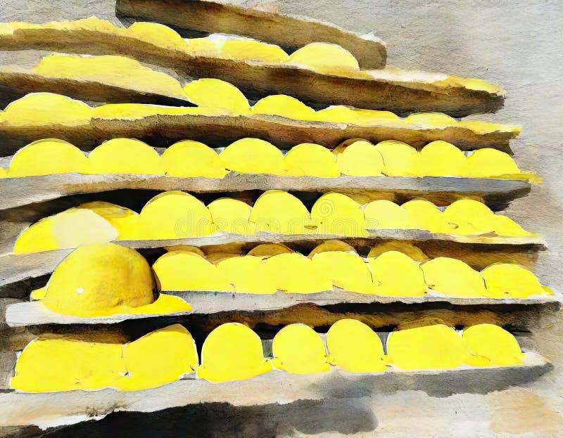 Watercolor of Stack of Yellow Hard Hats on a Construction Site Stock ...