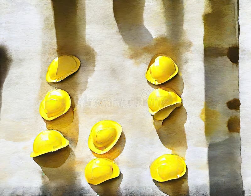 Watercolor of Stack of Yellow Hard Hats on a Construction Site Stock ...