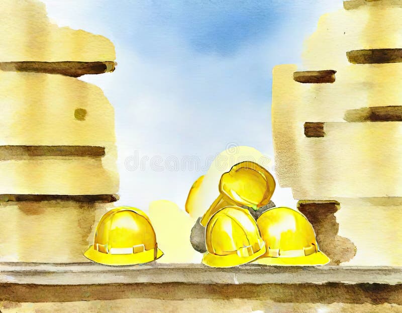 Watercolor of Stack of Yellow Hard Hats on a Construction Site Stock ...