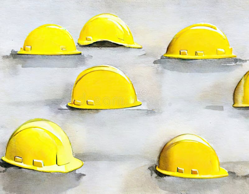 Watercolor of Stack of Yellow Hard Hats on a Construction Site Stock ...