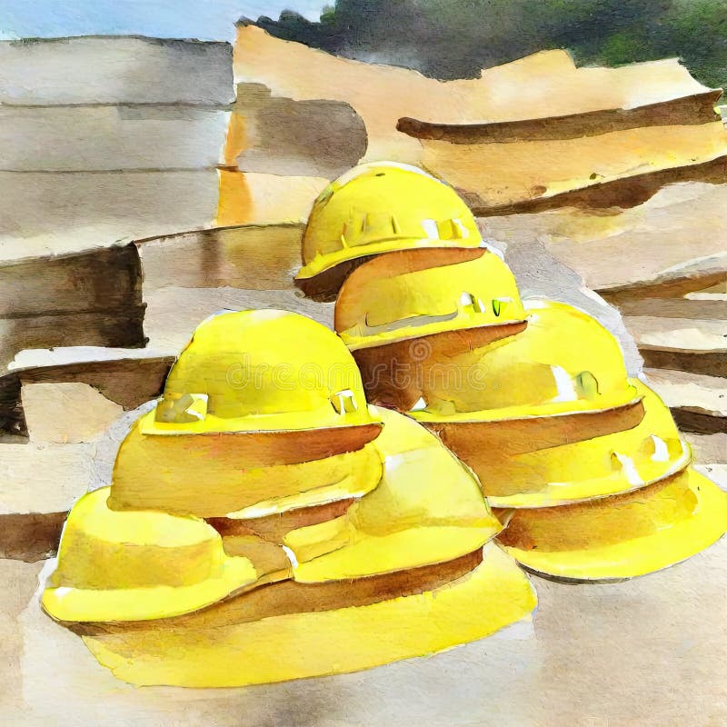 Watercolor of Stack of Yellow Hard Hats on a Construction Site Stock ...