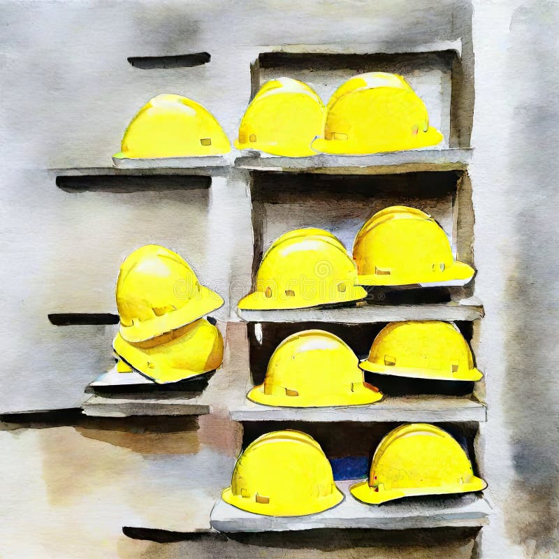 Watercolor of Stack of Yellow Hard Hats on a Construction Site Stock ...