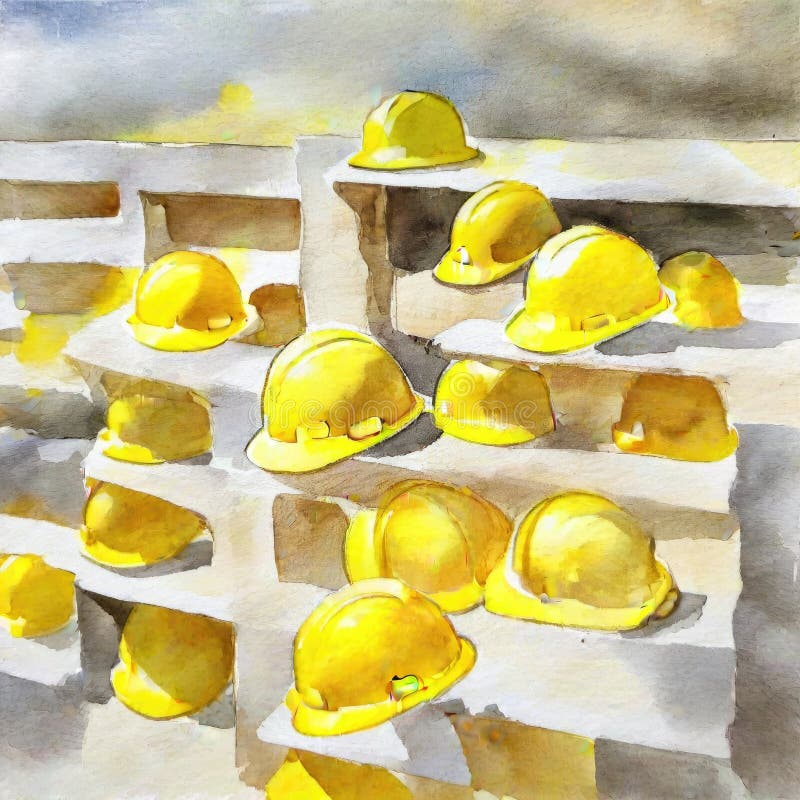 Watercolor of Stack of Yellow Hard Hats on a Construction Site Stock ...