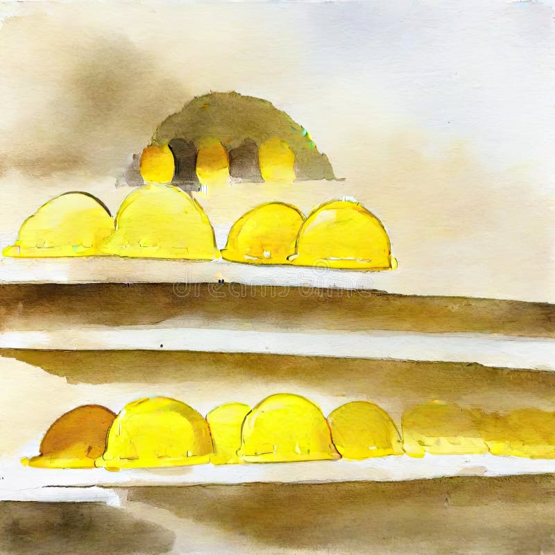 Watercolor of Stack of Yellow Hard Hats on a Construction Site Stock ...