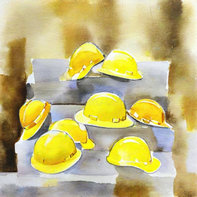 Watercolor of Stack of Yellow Hard Hats on a Construction Site Stock ...