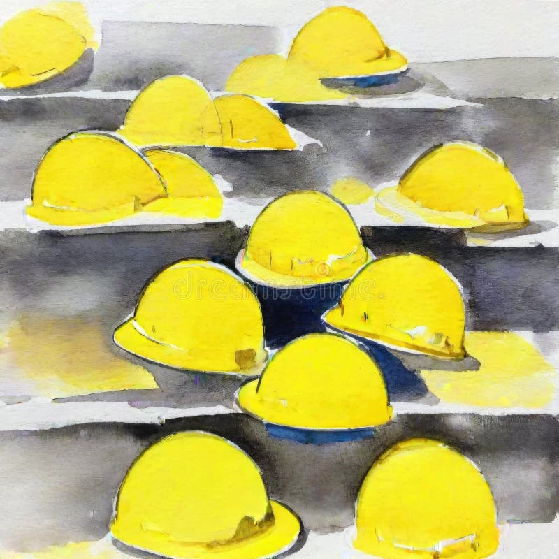 Watercolor of Stack of Yellow Hard Hats on a Construction Site Stock ...
