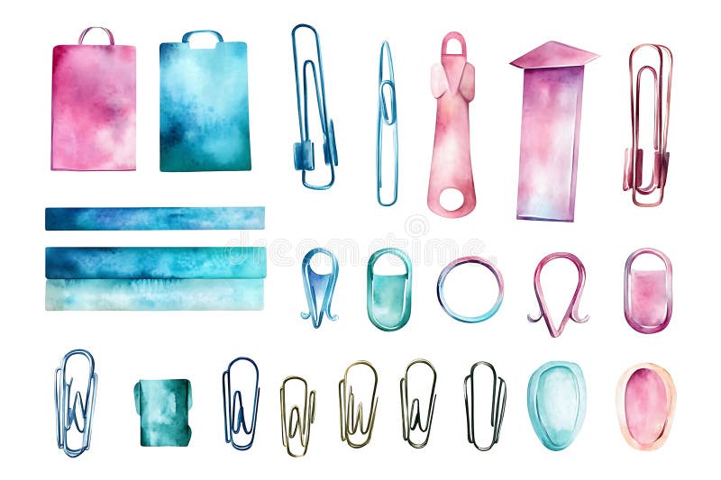 Watercolor Stationery and Paper Clips Stock Illustration - Illustration ...