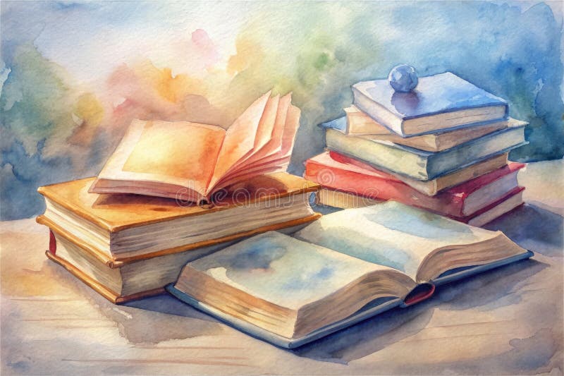 A Watercolor Still Life of Open Books and Stacks on a Table Stock Photo ...