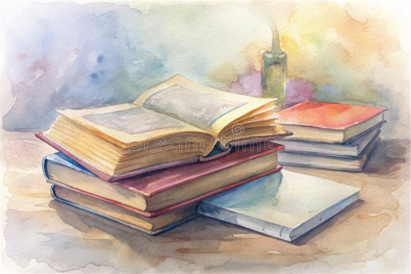 A Watercolor Still Life of Open Books and Stacks on a Table Stock Image ...