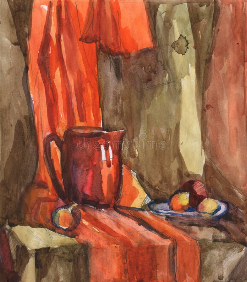 Watercolor Still Life with Pitcher and Fruit on a Background of Orange ...