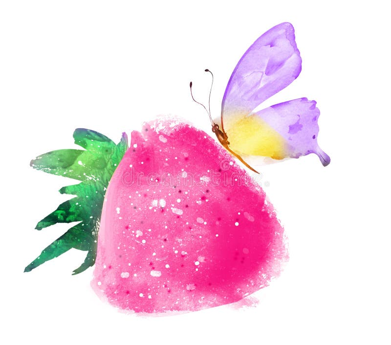Watercolor Strawberry with Butterfly Stock Illustration - Illustration ...