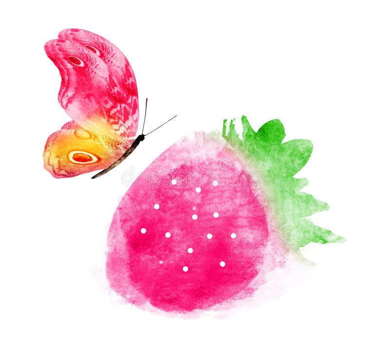 Watercolor Strawberry With Butterfly Stock Illustration - Illustration ...